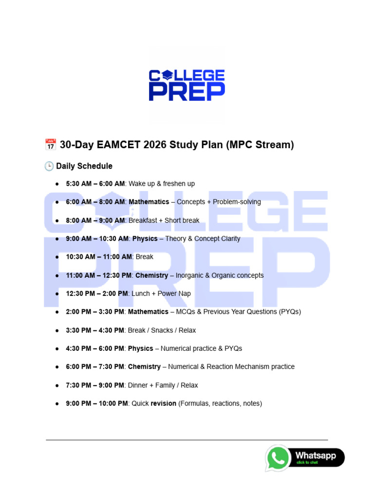EAMCET 30 Day Study Plan | PDF | Mathematics | Physics