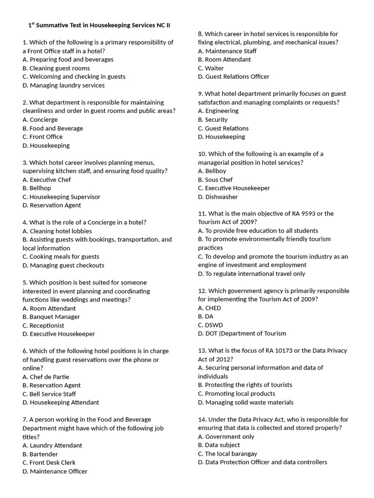 Housekeeping Services NC II Test Questions | PDF | Hotel | Waste Management