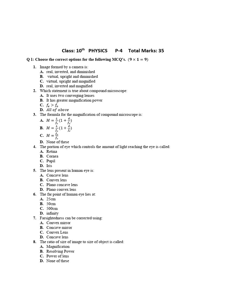 10th Grade Physics MCQs and Answers | PDF