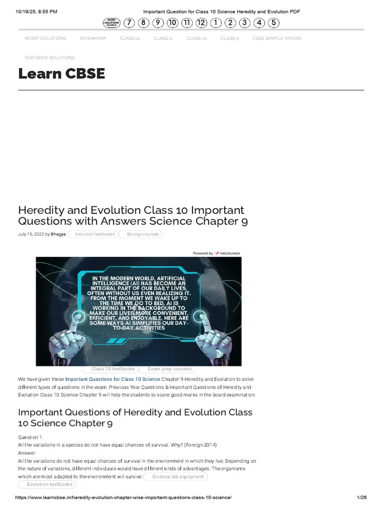 Important Question For Class 10 Science Heredity and Evolution PDF ...