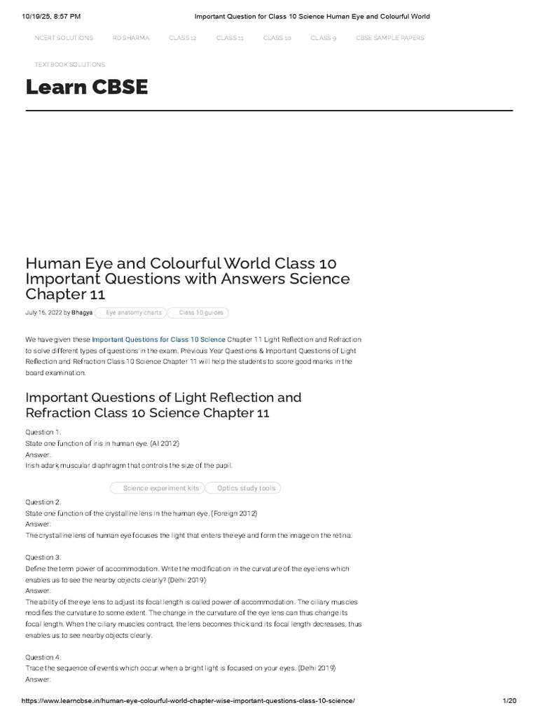 Important Question For Class 10 Science Human Eye and Colourful World ...