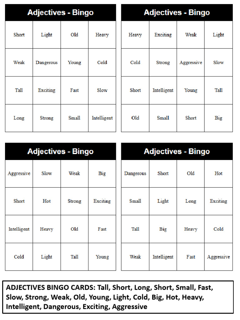 Adjectives Bingo Cards | PDF