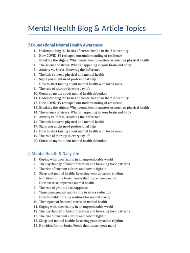 Mental Health Blog Topics Overview | PDF | Mental Health ...