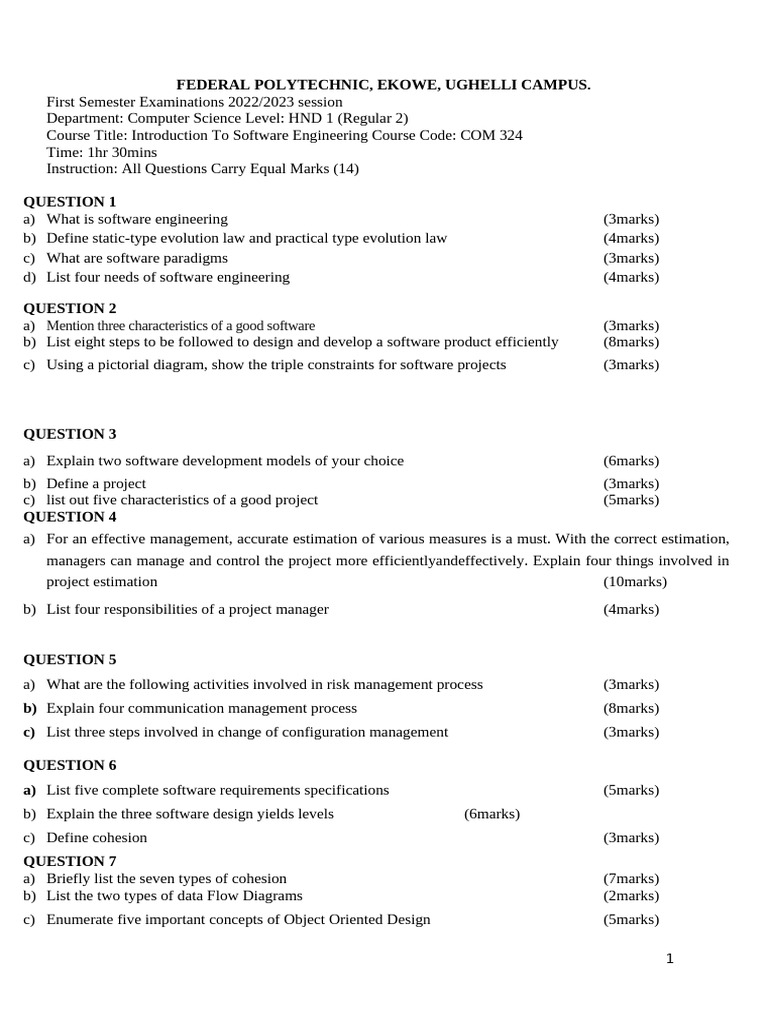 Examination Question Software Engineering Com 324 | PDF | Software ...