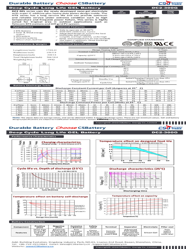 CSBattery DC2 300G Deep Cycle Gel Battery PDF | PDF