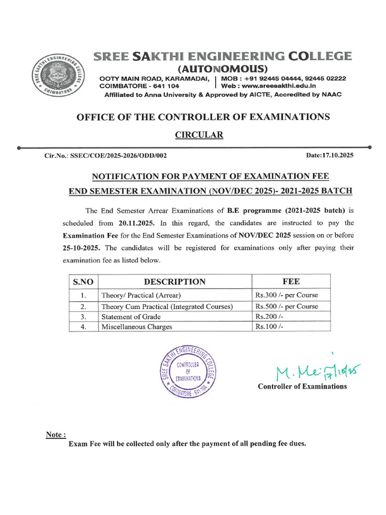 Exam Fee Circular - 2021-25 Batch | PDF