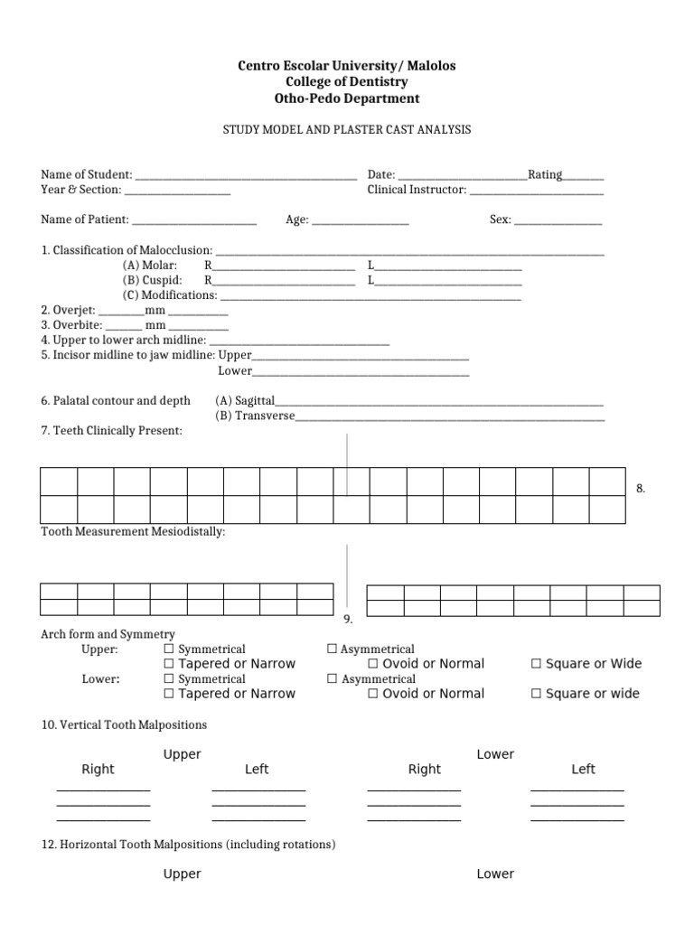 Malocclusion Analysis Form Template | PDF | Dentistry | Mouth