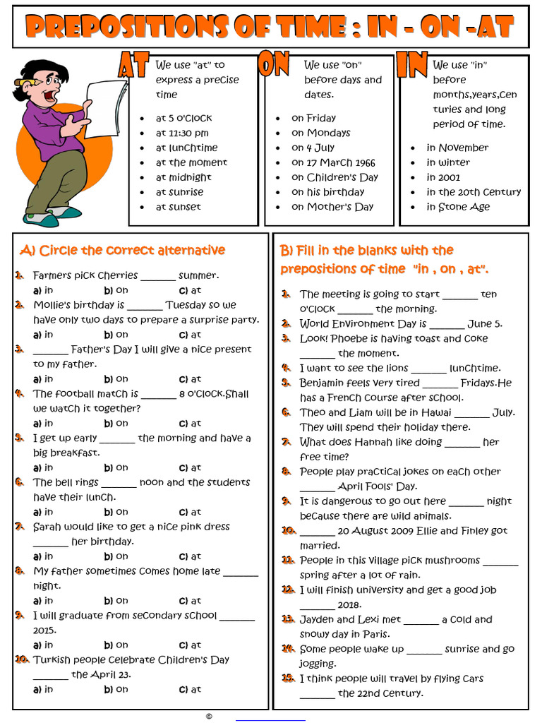 Prepositions of Time in on at Esl Grammar Exercises Worksheet New | PDF