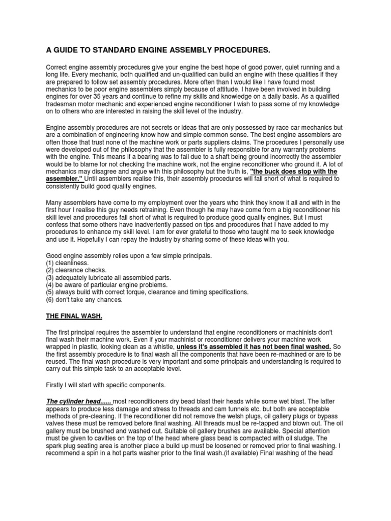Engine Assembly Procedures | PDF | Piston | Bearing (Mechanical)