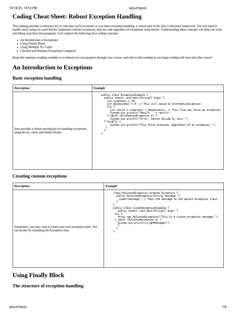 Java Exception Handling Cheat Sheet | PDF | Software Development ...
