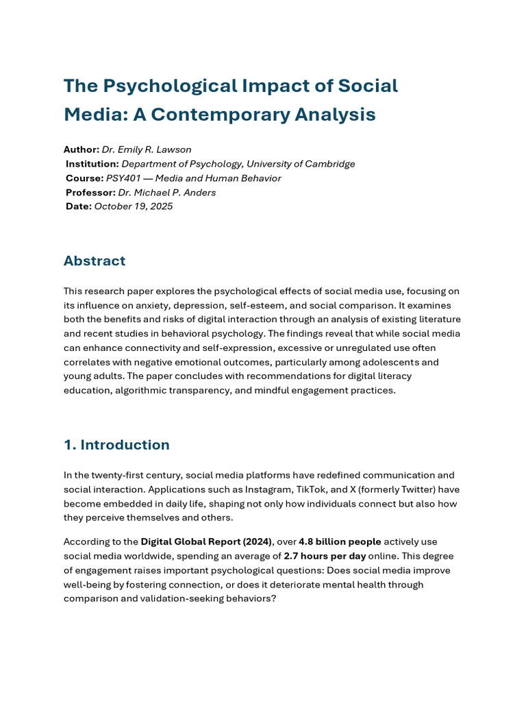 Psychological Effects of Social Media | PDF | Psychology | Self Esteem