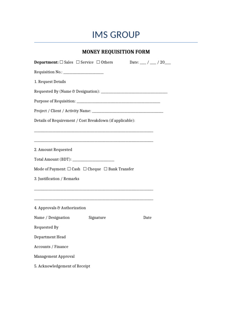 IMS Group Money Requisition Form | PDF