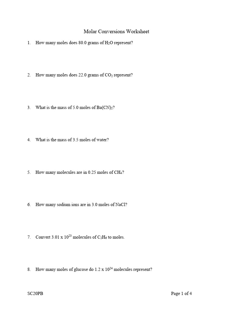 Molar Conversions Worksheet | PDF