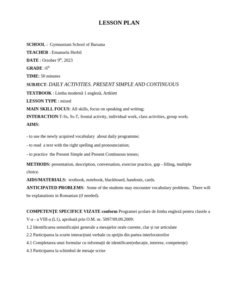 6th Grade English Lesson Plan: Daily Activities | PDF | Lunch | Teachers