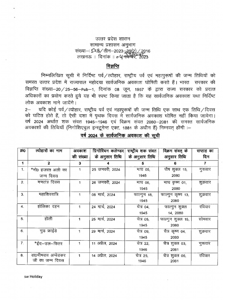 Uttar Pradesh State List of Holidays 2024 1 | PDF