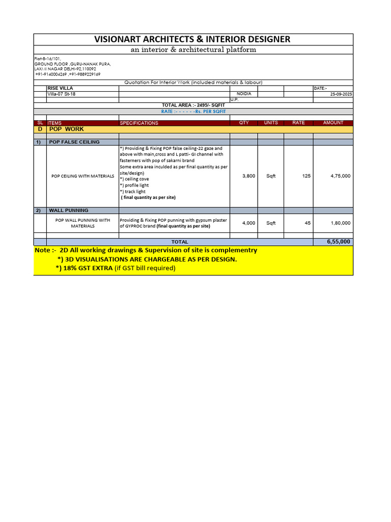 Stage-II POP, Tiles Labour & Fixing Material Quotation | PDF ...