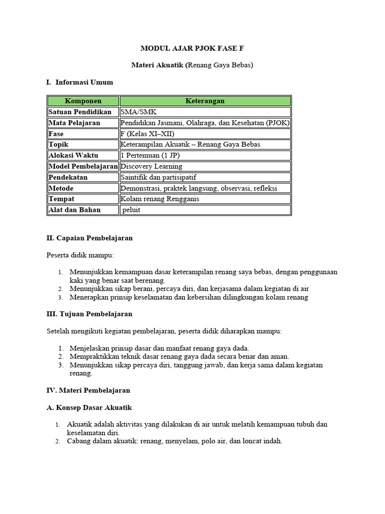 Modul Renang Gaya Bebas PJOK Fase F | PDF