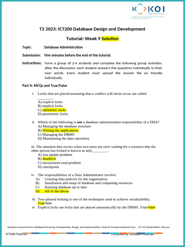 ICT200 - Tutorial 9 Solution | PDF | Databases | Database Transaction