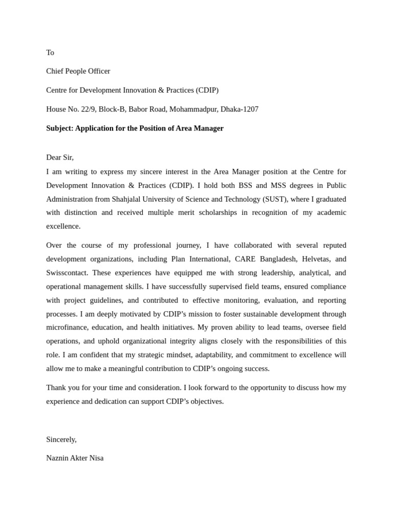 Cover Letter - Area Manager | PDF