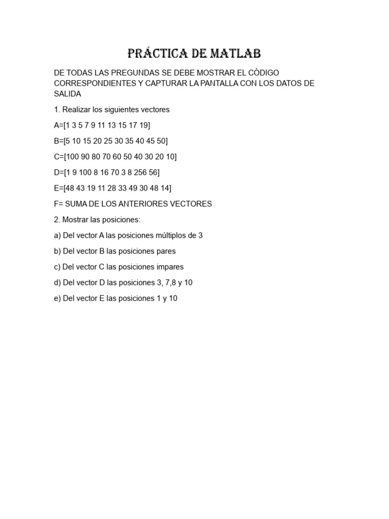 Practica Matlab 1, Ejercicios Basicos de Matlab | PDF
