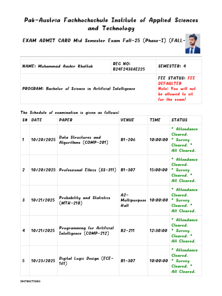 Mid Semester Exam Admit Card - Fall 2025 | PDF