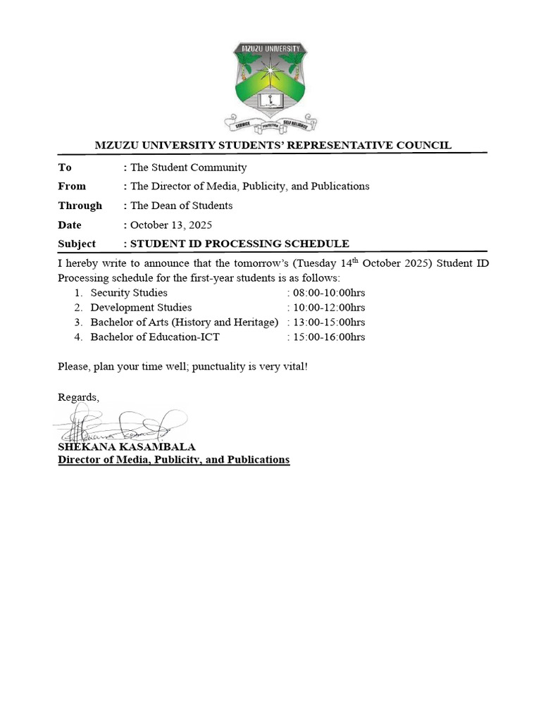 Mzuzu University Student ID Schedule | PDF
