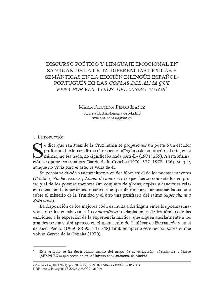 Discurso Poético Y Lenguaje Emocional en San Juan de La Cruz ...