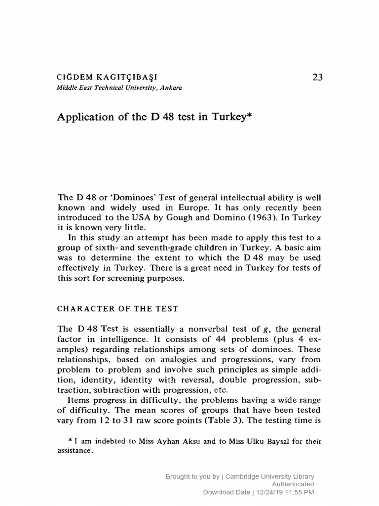 Application of The D 48 Test in Turkey : Cicdem Kagitçibaçi | PDF