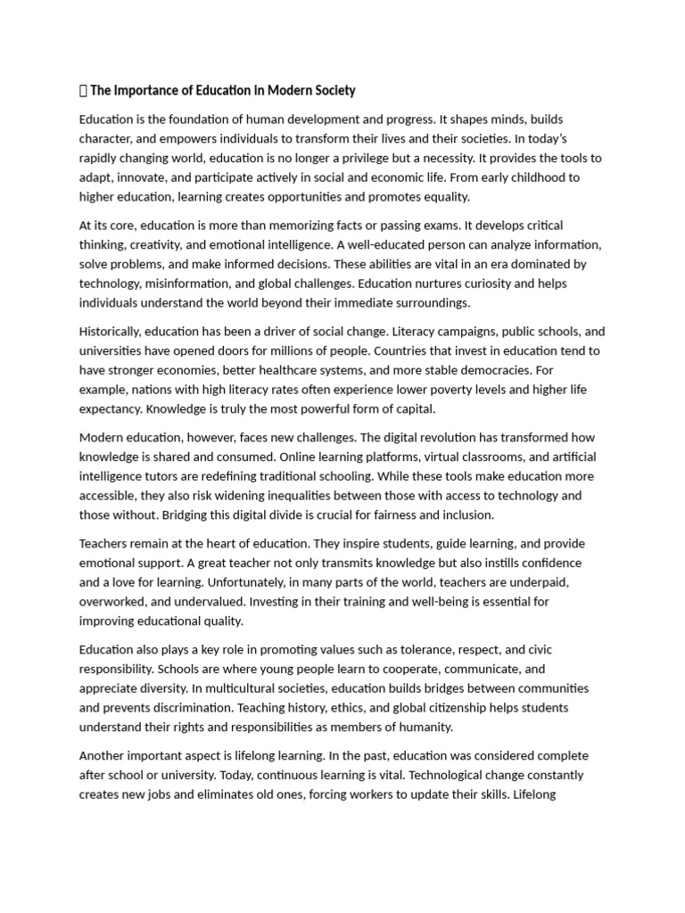 Importance of Education in Society | PDF | Learning | Cognition