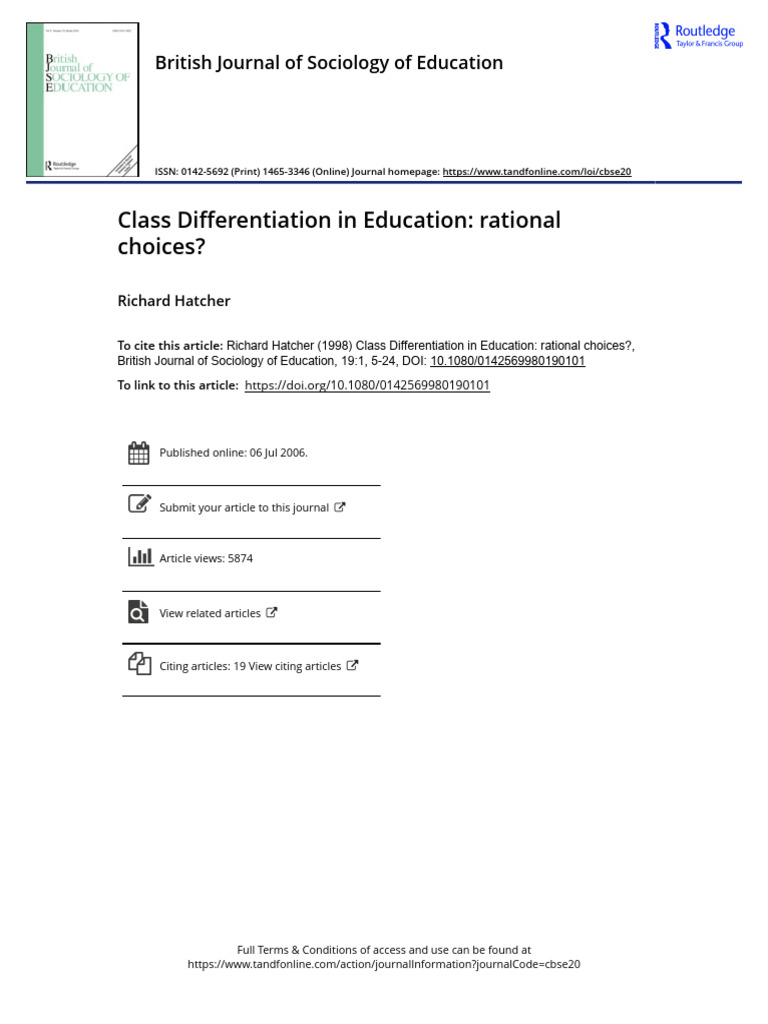 Class Differentiation in Education Rational Choices | PDF | Rationality ...