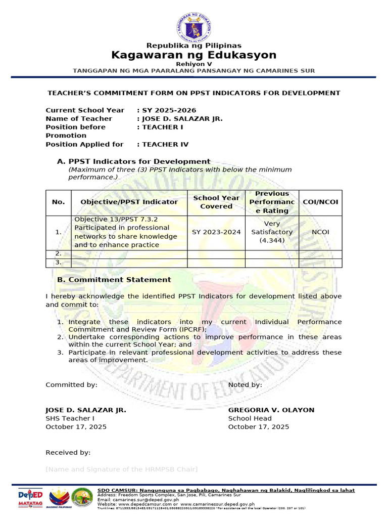 Teacher Commitment Form for PPST Indicators | PDF