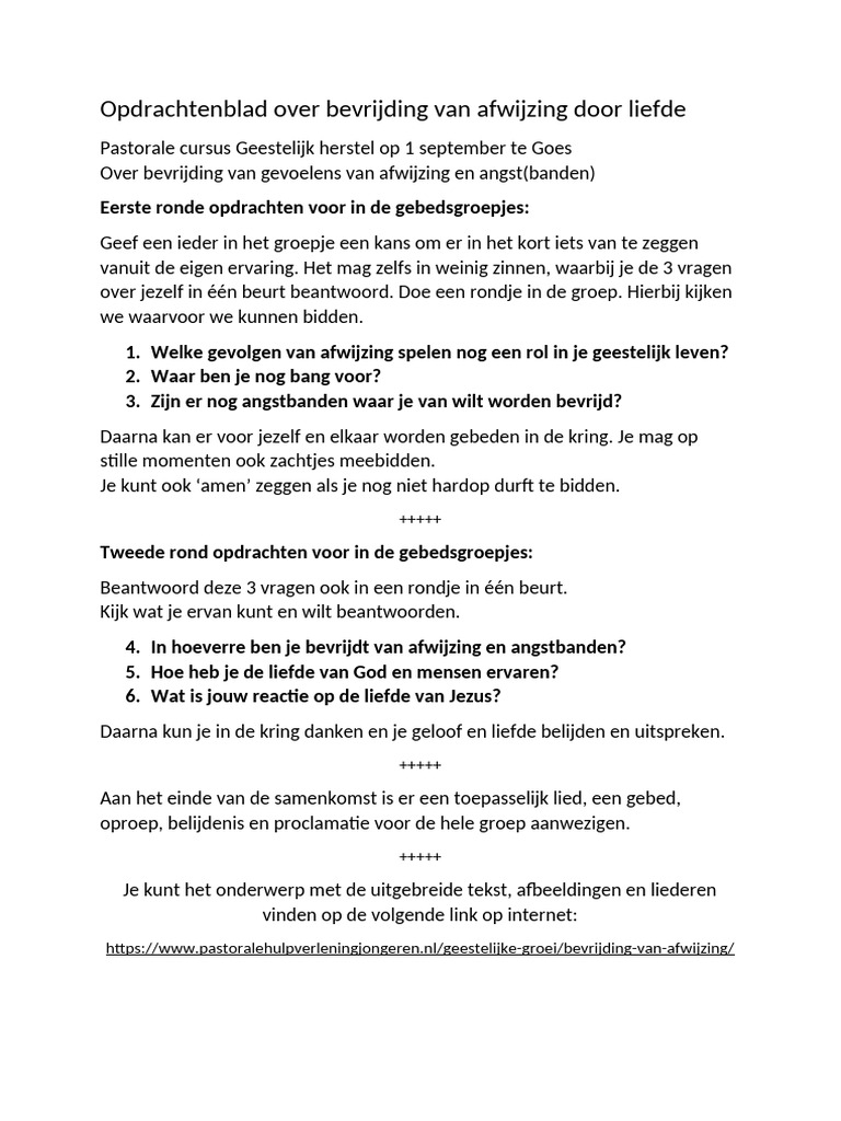 Bevrijding Van Afwijzing Door Liefde Opdrachtenblad | PDF