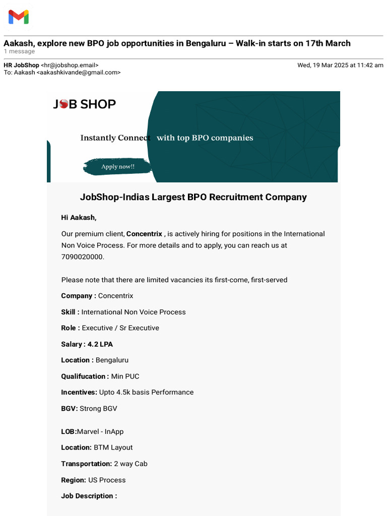 Gmail - Aakash, Explore New BPO Job Opportunities in Bengaluru - Walk ...