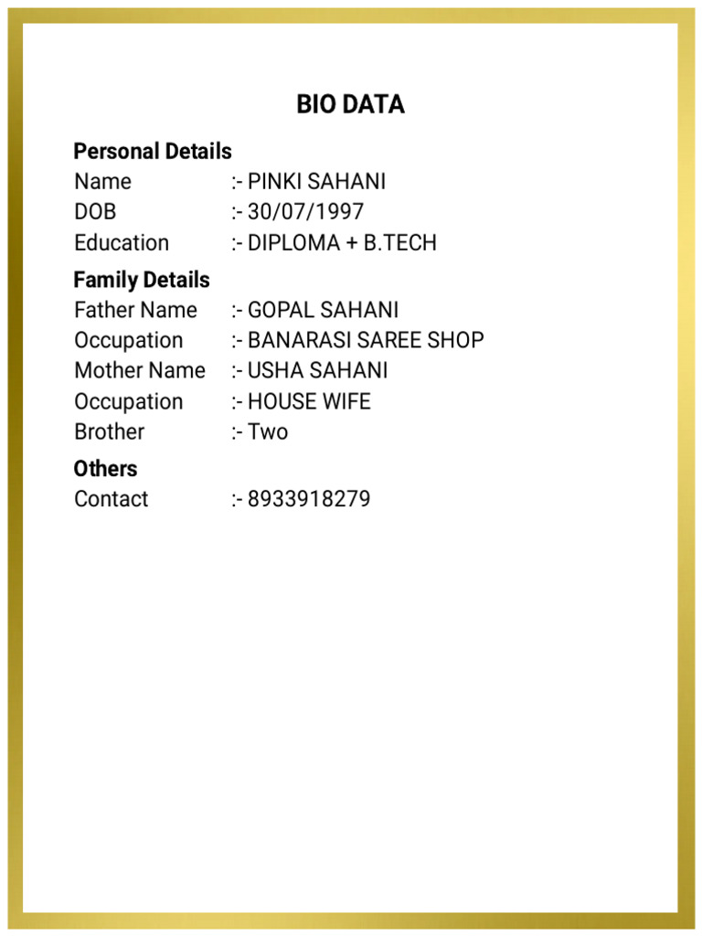 Pinki Sahani Bio Data Summary | PDF