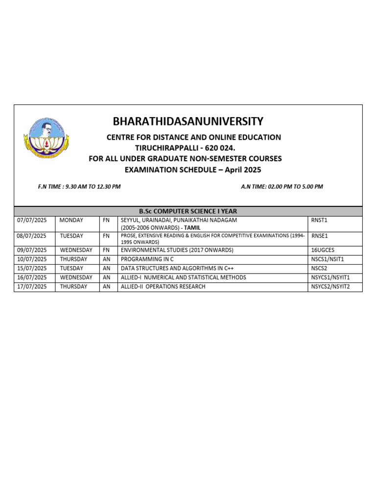 B.Sc CS 1st Year Exam Schedule 2025 | PDF