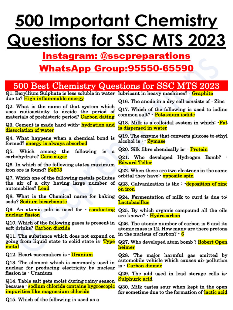 500 SSC MTS Chemistry Questions 2023 | PDF | Chemical Elements | Metals