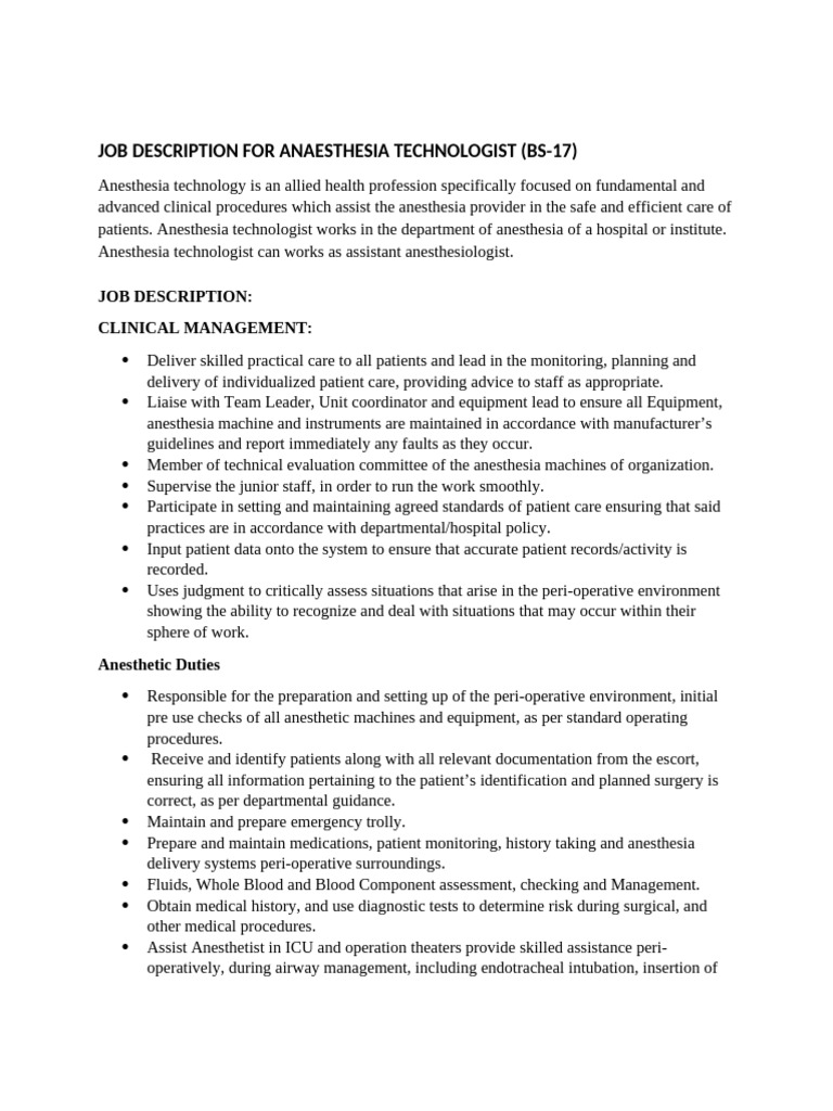 Anesthesia Technologist Job Description | PDF | Anesthesia | Clinical ...
