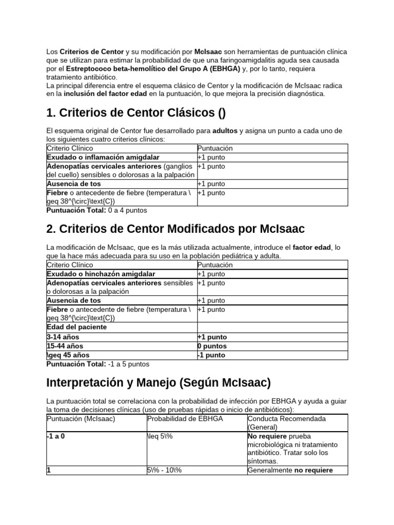 Criterios de Centor Clásicos y Modificados | PDF | Microbiología | Medicina