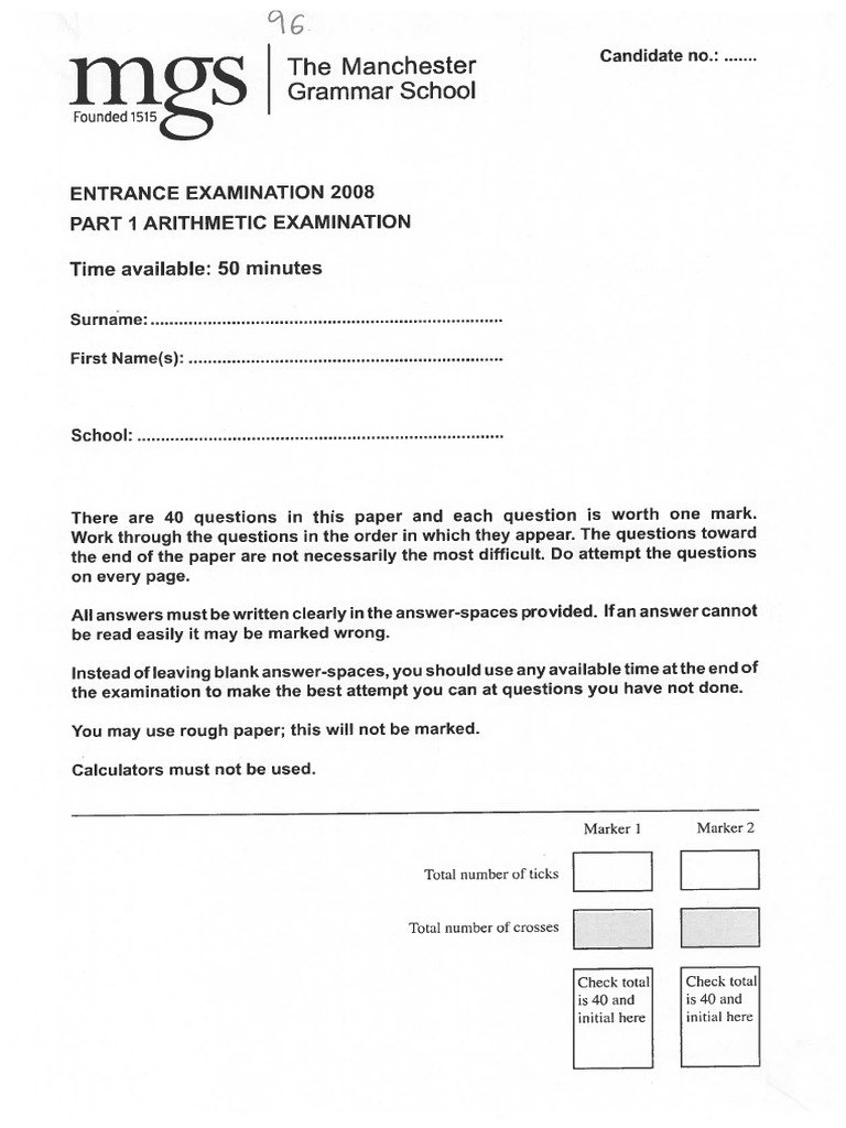 MGS Arithmetic Part 1 2008 - Past Paper Past Paper | PDF