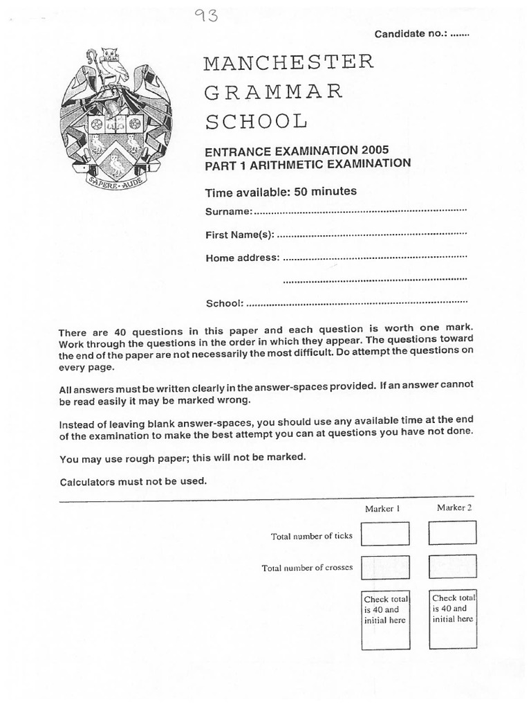 MGS Arithmetic Part 1 2005 - Past Paper Past Paper | PDF