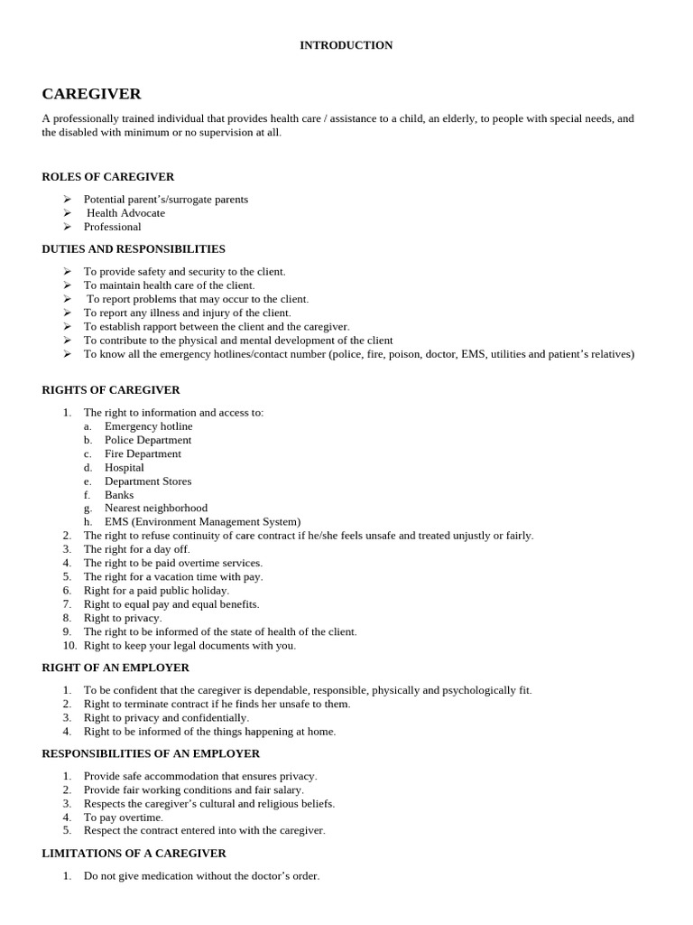 Caregiver Roles and Responsibilities | PDF | Caregiver | Employment