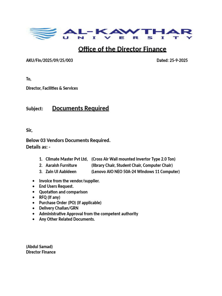 Documents Requird From Admin | PDF