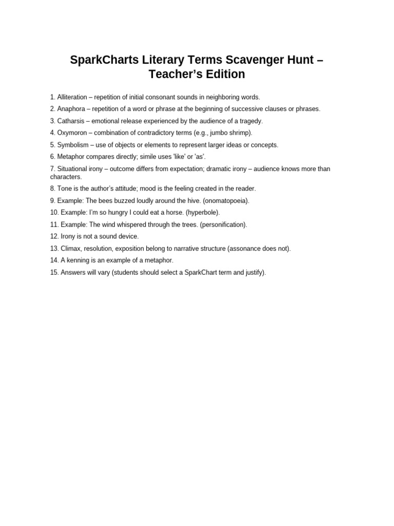Literary Terms Scavenger Hunt Guide | PDF
