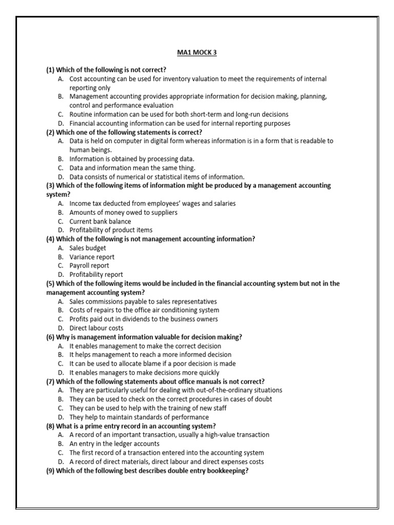 Management Accounting Mock Exam Questions | PDF | Spreadsheet | Inventory