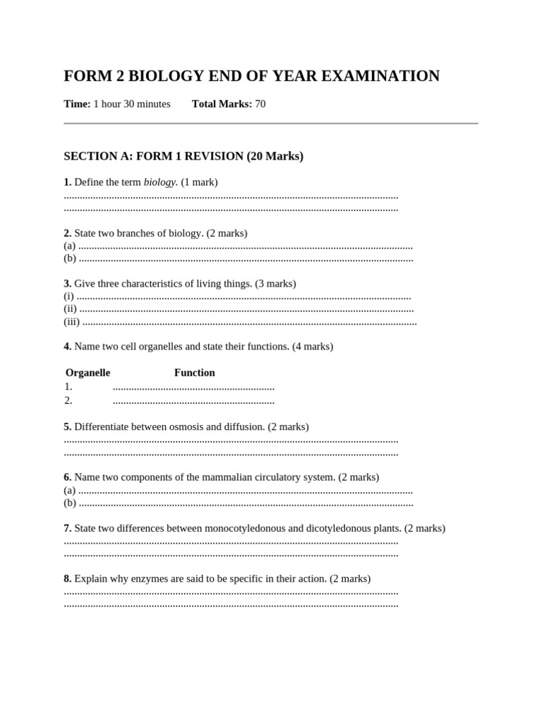 Form 2 Biology End of Year Examination | PDF | Cellular Respiration | Photosynthesis