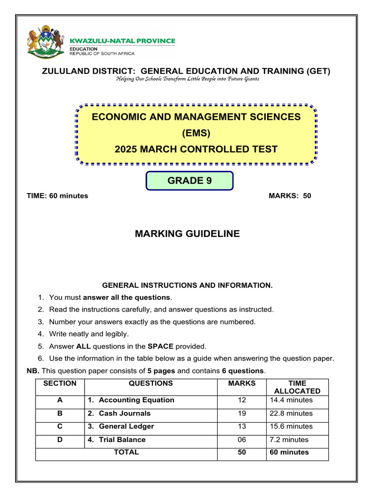 EMS Grade 9 March Test Marking Guideline | PDF | Debits And Credits ...
