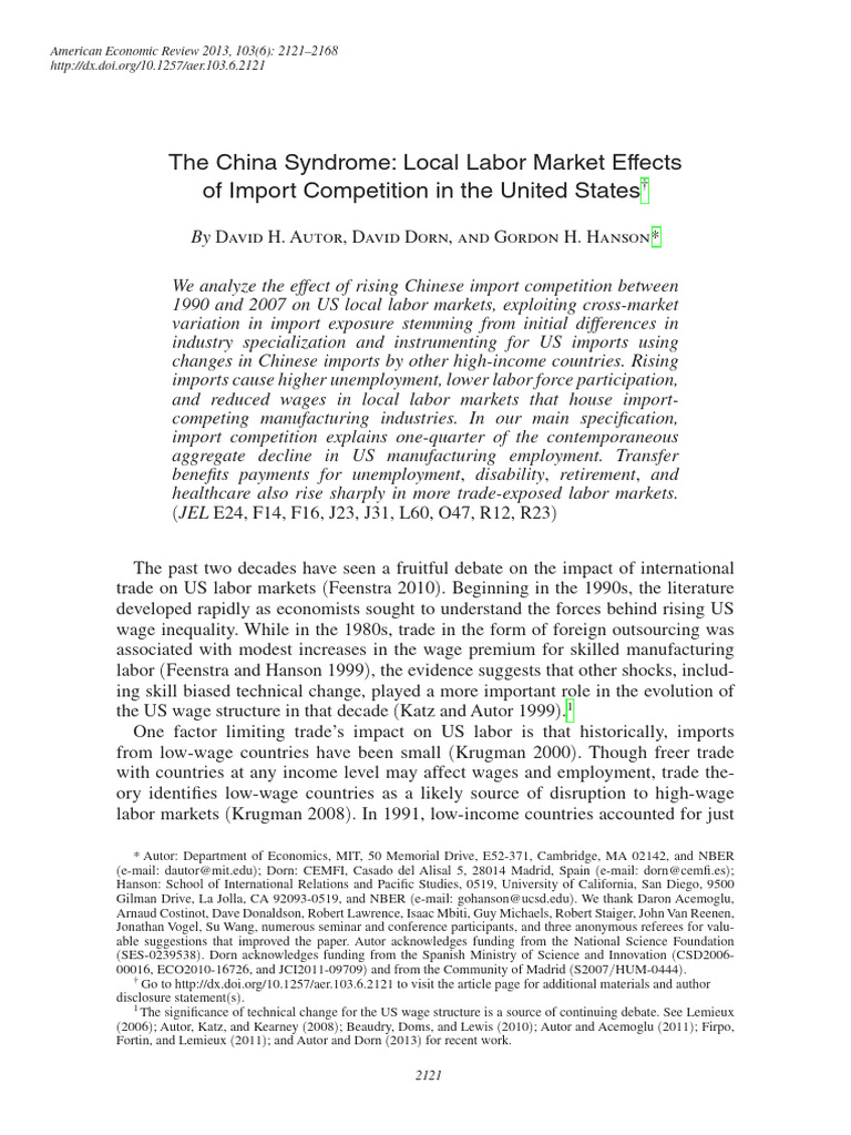 The China Syndrome Local Labor Market Effects of Import Competition in ...