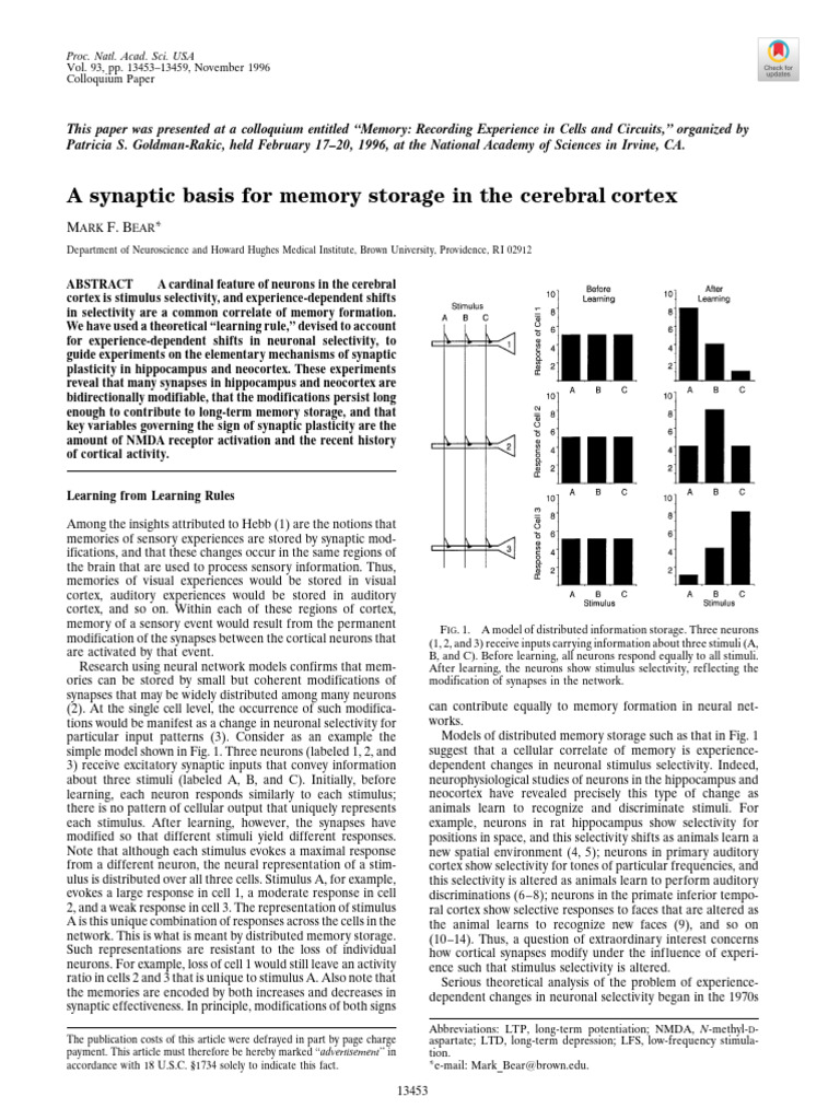 Mark F Bear. A Synaptic Basis For Memory Storage in The Cerebral Cortex ...