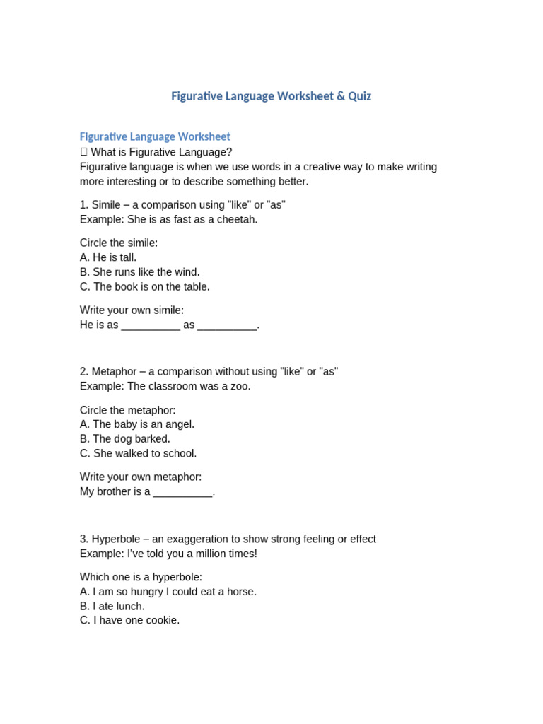 Figurative Language Quiz & Worksheet | PDF | Idiom | Metaphor