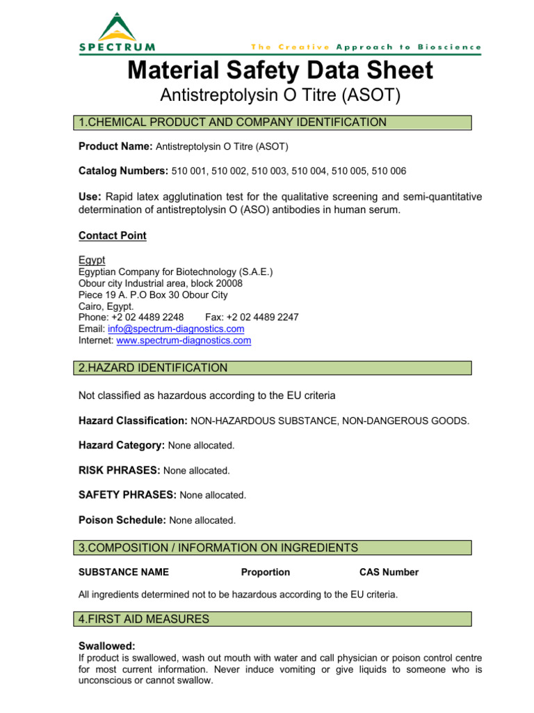 Antistreptolysin O Titre ASOT MSDS | PDF | Dangerous Goods | Working ...
